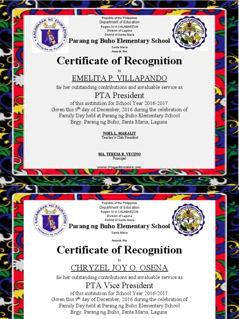 Certificate of Recognition - PTA OFFICERS PNBES | PDF | Asia ...