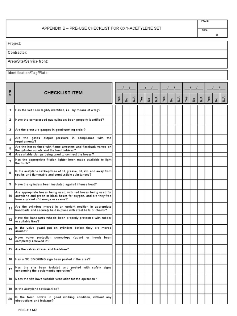 Oxy-Acetylene Pre-Use Safety Checklist | PDF | Equipment | Manufactured ...