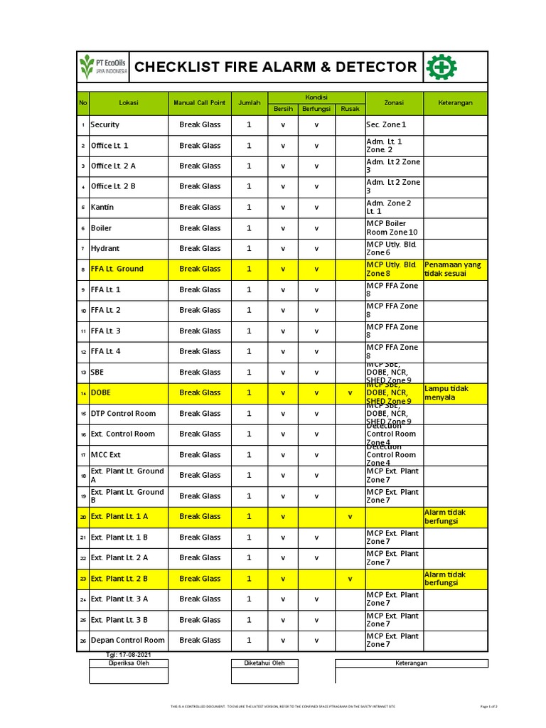 Fire Alarm and Detector Checklist: Condition and Location Report | PDF ...