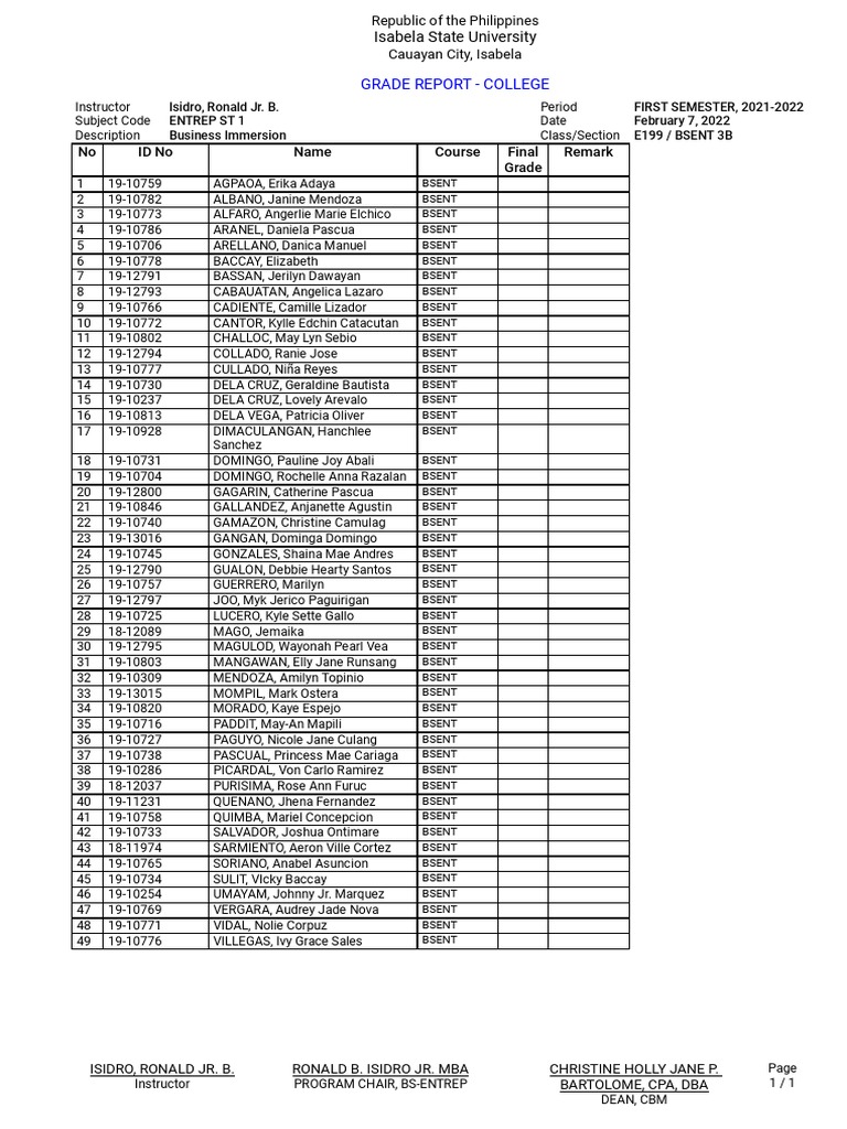 Grade Report - College: Isabela State University | PDF