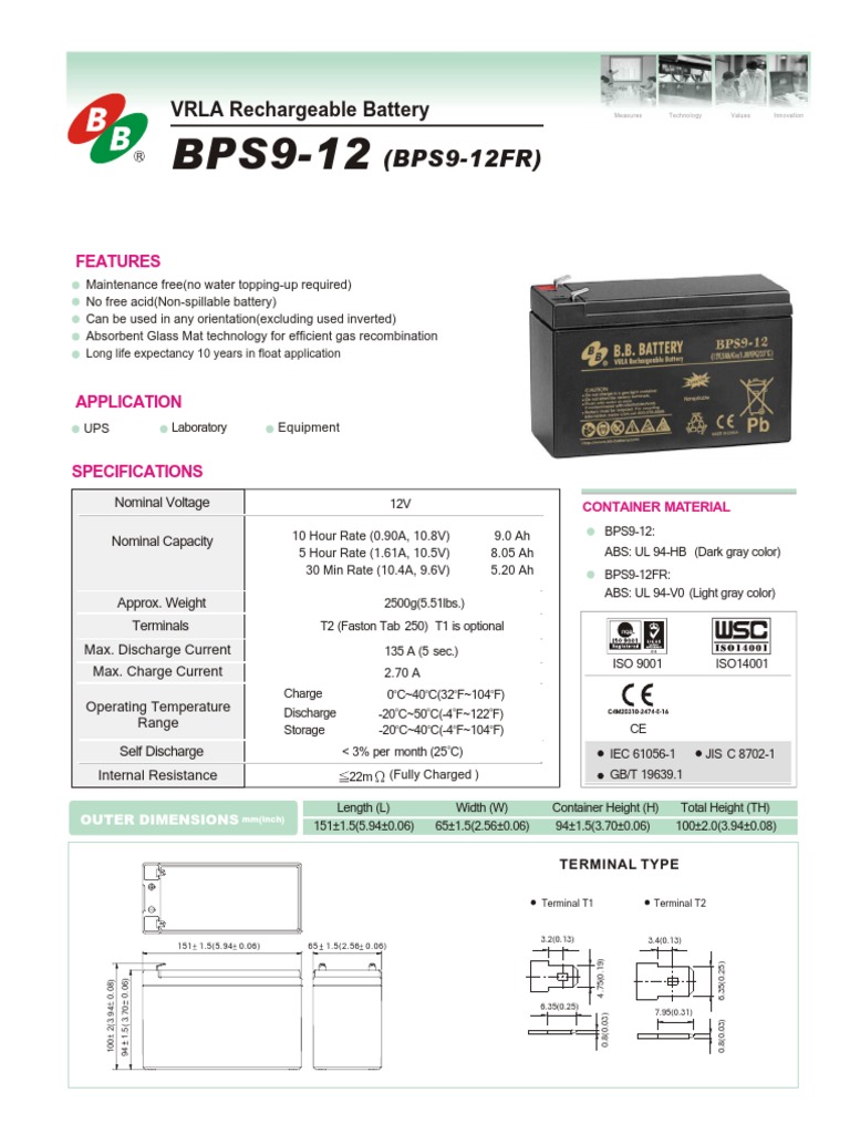 (BPS9-12FR) : VRLA Rechargeable Battery | PDF | Rechargeable Battery | Physical Quantities