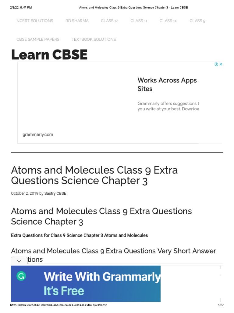 Atoms and Molecules Class 9 Extra Questions Science Chapter 3 - Learn ...