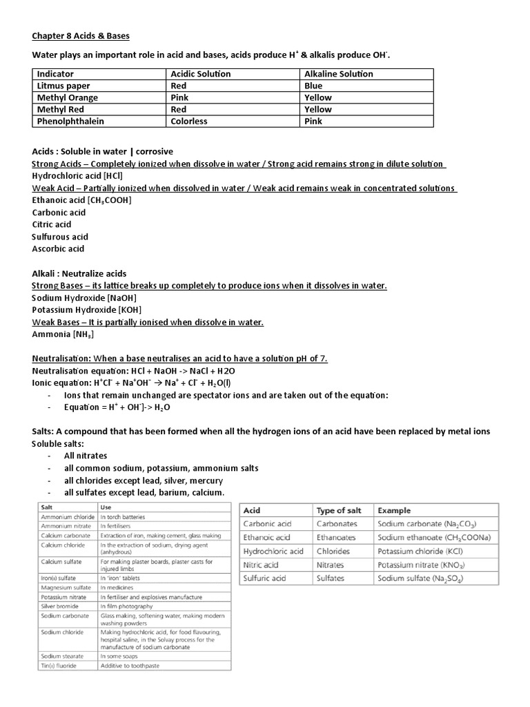 O-Levels Chapter 8 Acids & Bases | PDF | Salt (Chemistry) | Acid