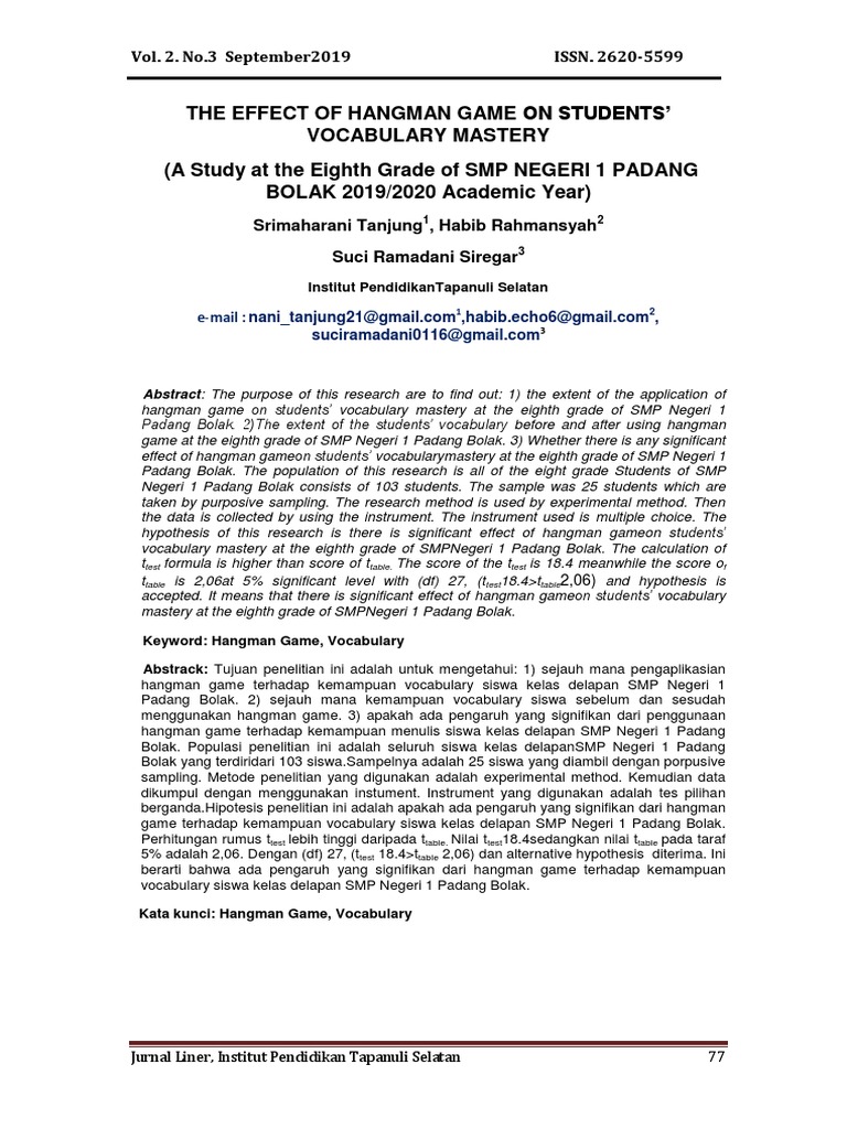 The Effect of Hangman Game On Students' Vocabulary Mastery (A Study at The Eighth Grade of SMP ...