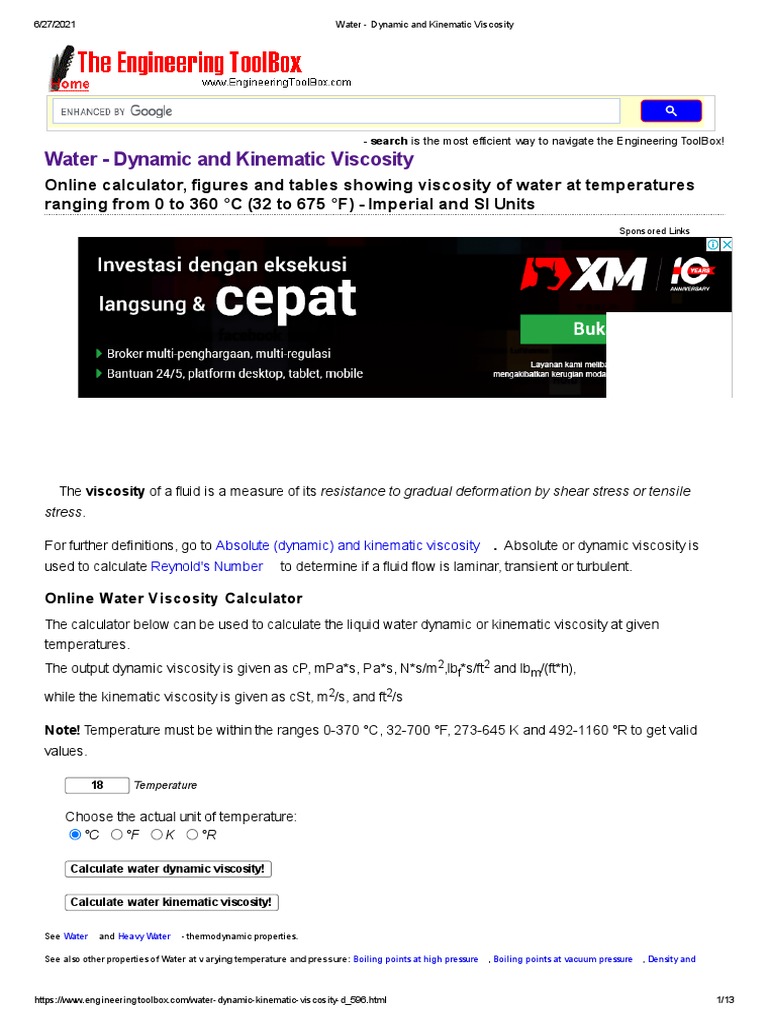Water - Dynamic and Kinematic Viscosity | PDF | Viscosity | Pressure