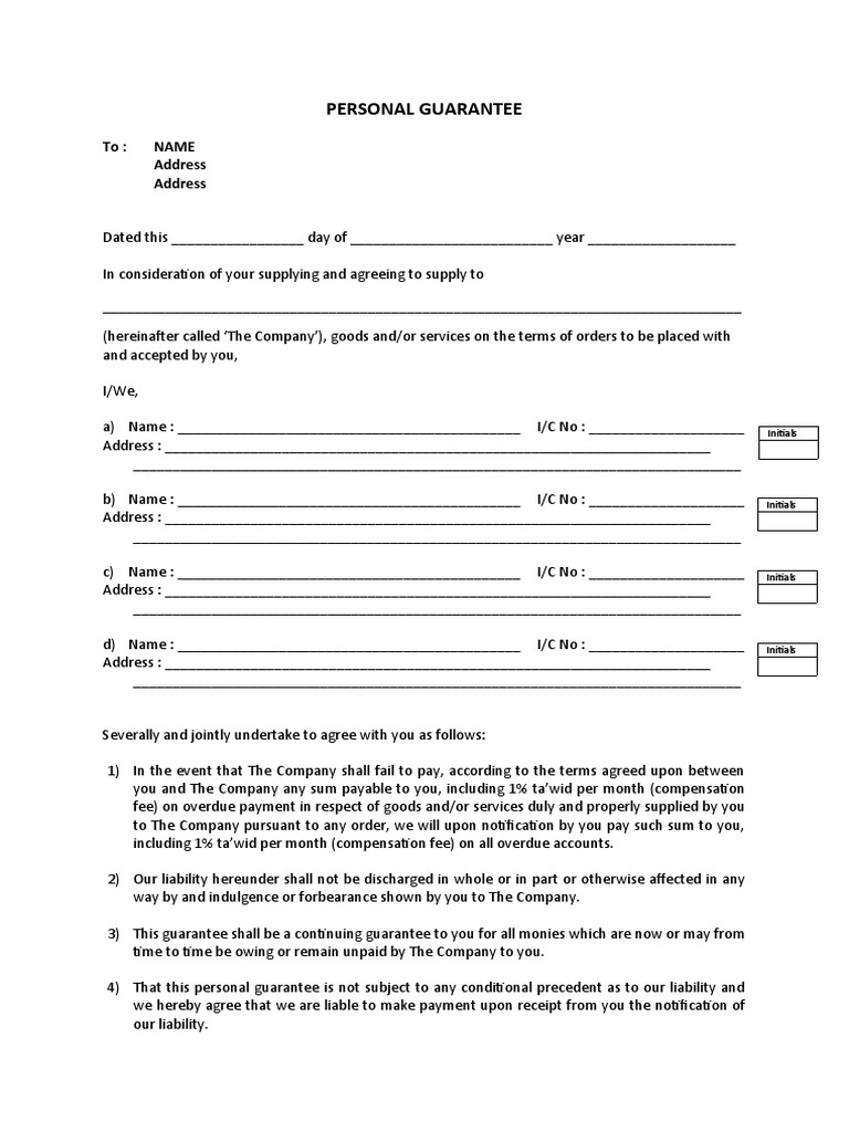 Personal Guarantee: To: Name Address Address | PDF | Guarantee | Legal ...