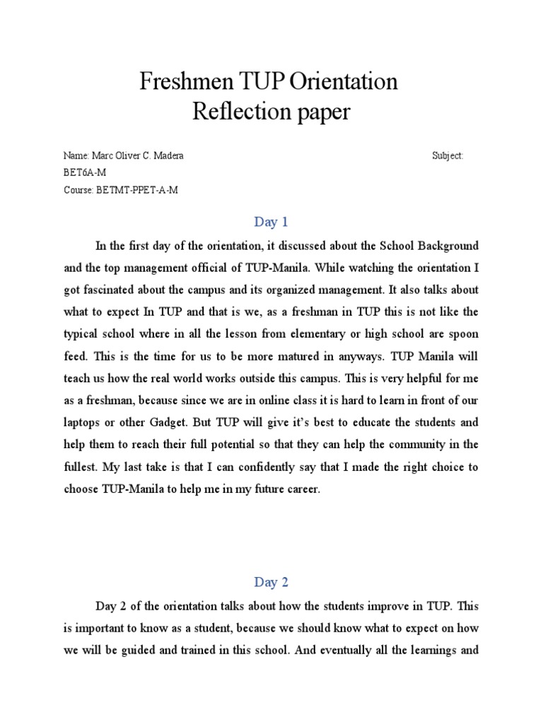 Freshmen TUP Orientation Reflection Paper (MADERA) | PDF | Cognition | Education Theory