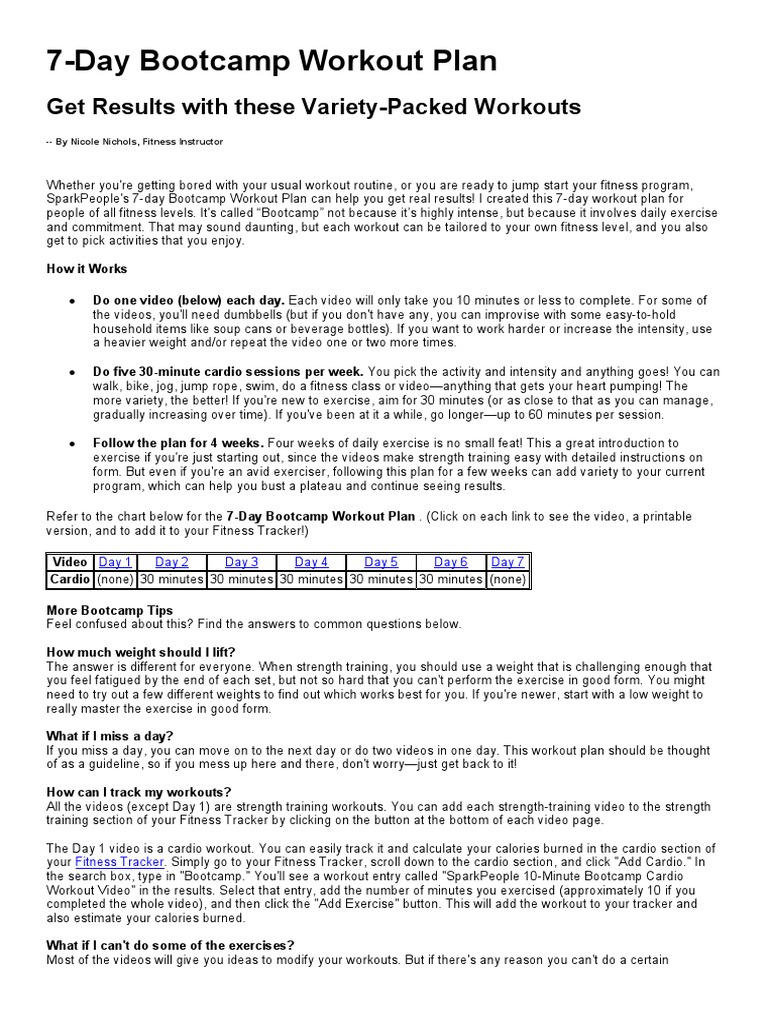 7-Day Bootcamp Workout Plan Guide | PDF | Strength Training | Physical ...