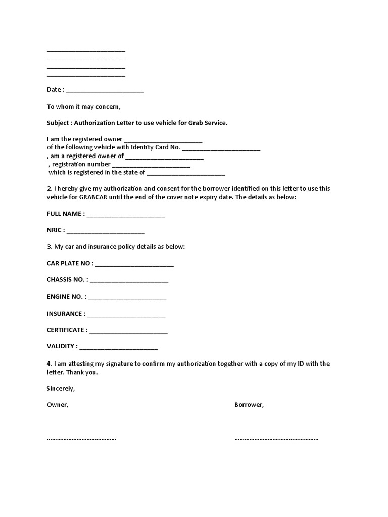 Grab Authorisation Letter | PDF
