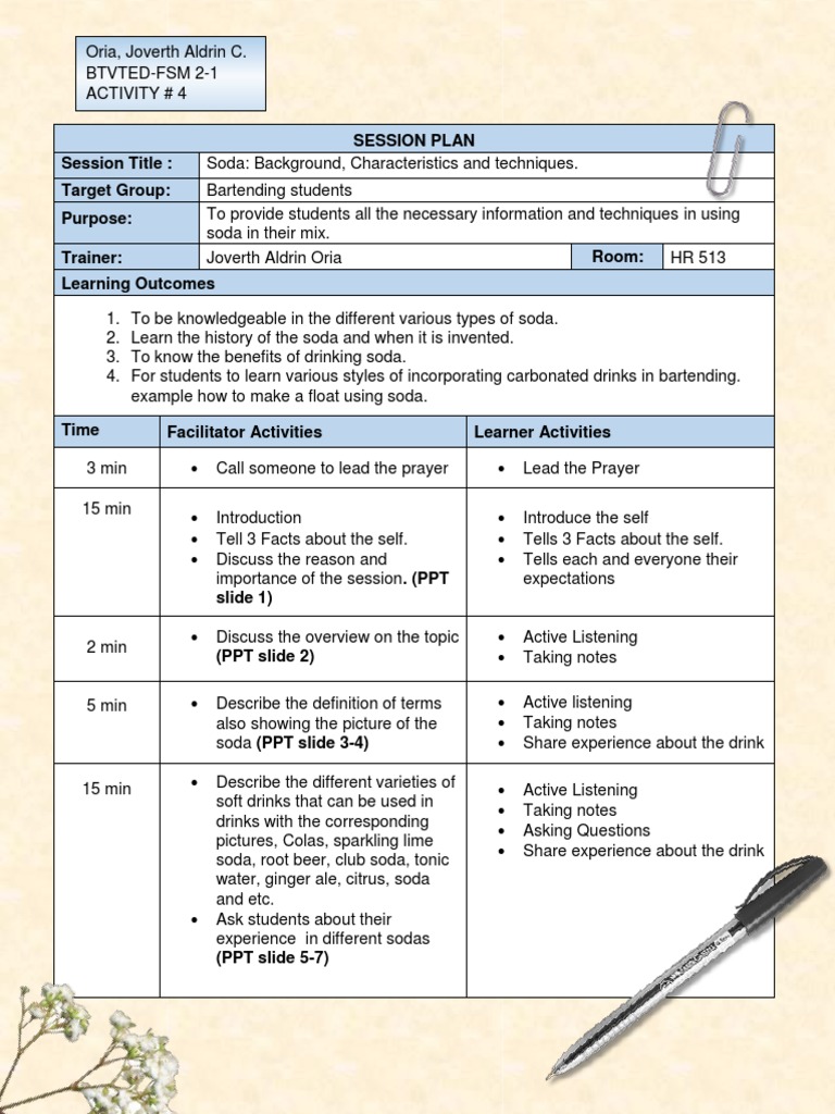 ORIA FSM 2 1 Activity 4 Session Plan | PDF | Soft Drink | Drink