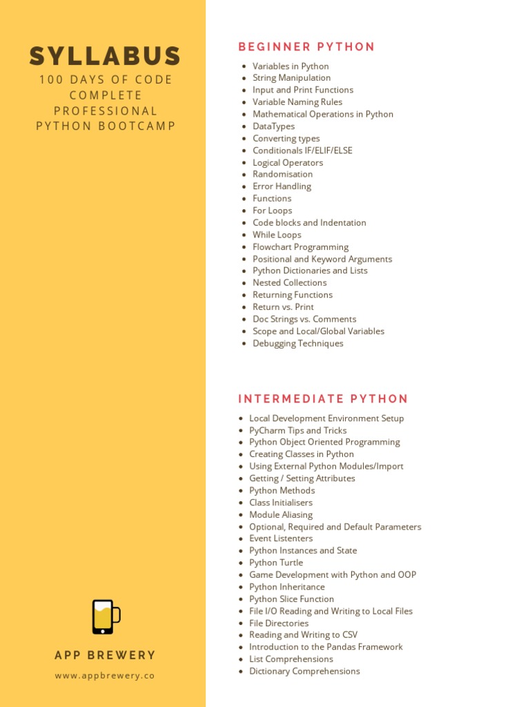 Syllabus 100 Days Of Code Complete Professional Python Bootcamp Pdf Python Programming 0375