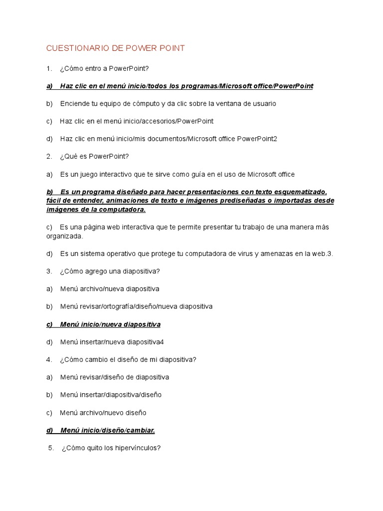 Cuestionario de Power Point | PDF | Microsoft PowerPoint | Desarrollo de software