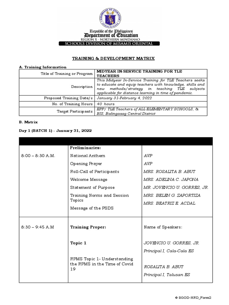 TLE MIDYEAR INSET 2022 Training Matrix 1 | PDF | Applied Psychology | Cognitive Science