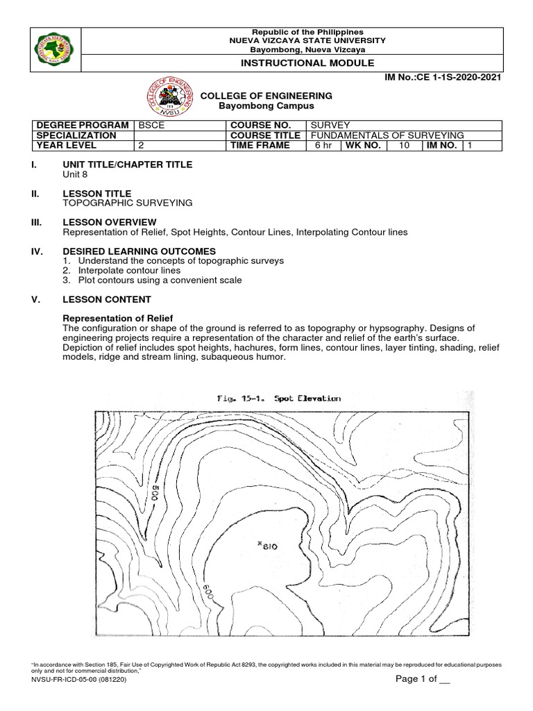 SURVEY Module 8 TOPOGRAPHIC SURVEYING Im-Format | PDF | Contour Line ...
