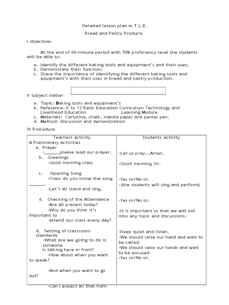 TLE Lesson Plan: Baking Tools & Equipment | PDF | Cakes | Baking