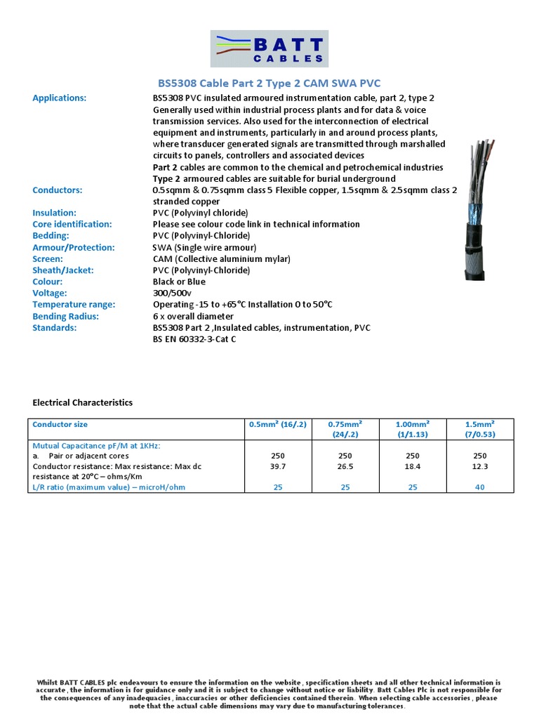 BS5308 Cable Part 2 Type 2 CAM SWA PVC: Applications | PDF | Polyvinyl ...