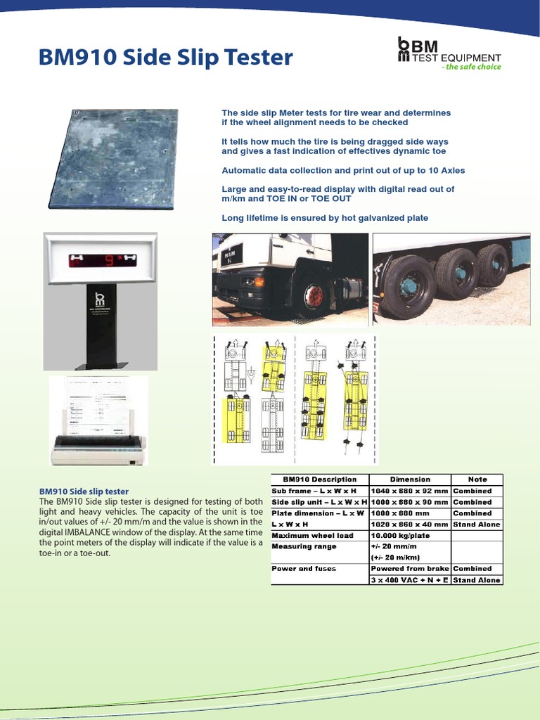 BM910 Side Slip Tester | PDF | Software Testing | Wheeled Vehicles