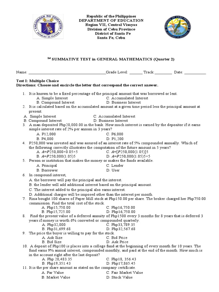 Q2 Summative Test Gen Math | PDF | Interest | Bonds (Finance)