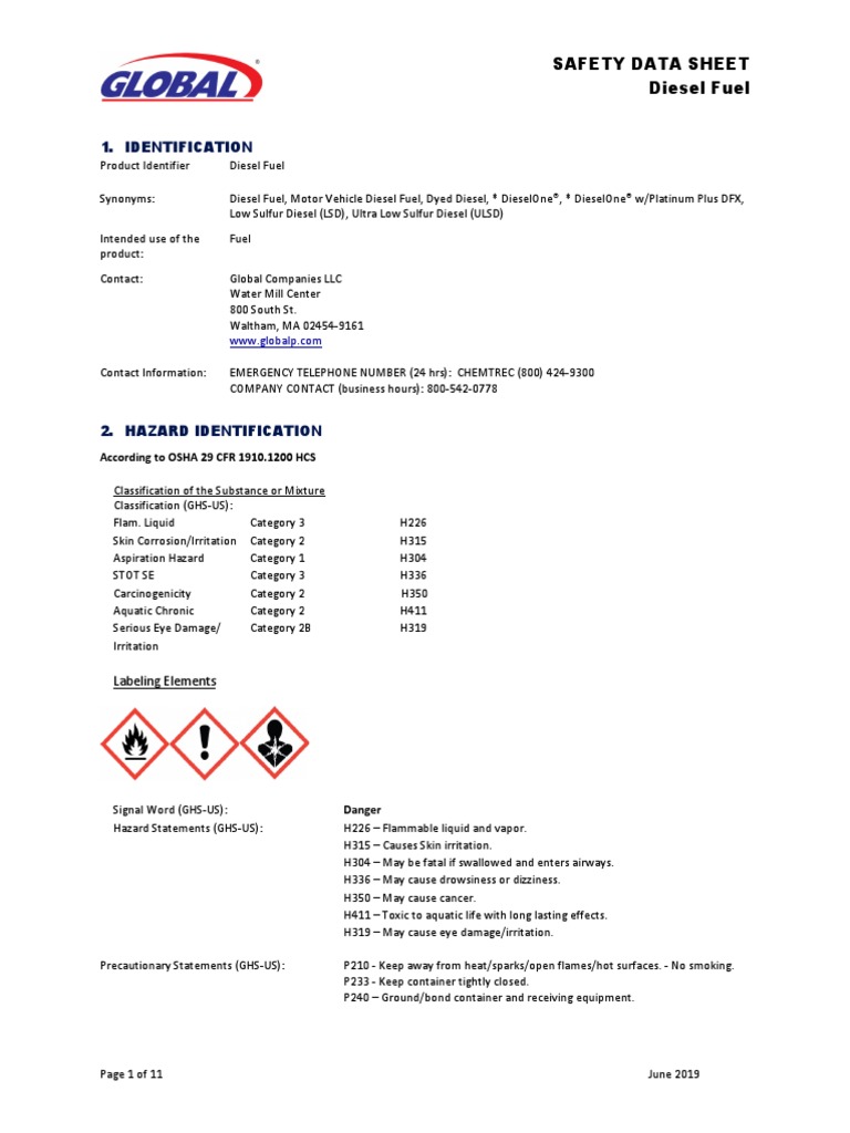 Identification: Safety Data Sheet Diesel Fuel | PDF | Dangerous Goods ...