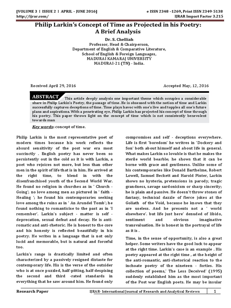 Philip Larkin's Concept of Time As Projected in His Poetry: A Brief ...