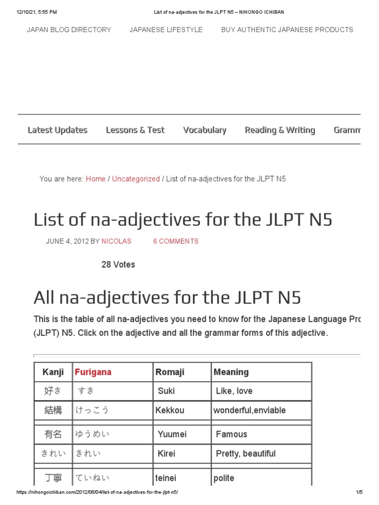Na-Adjectives For The JLPT N5 - NIHONGO ICHIBAN | PDF | Japanese ...
