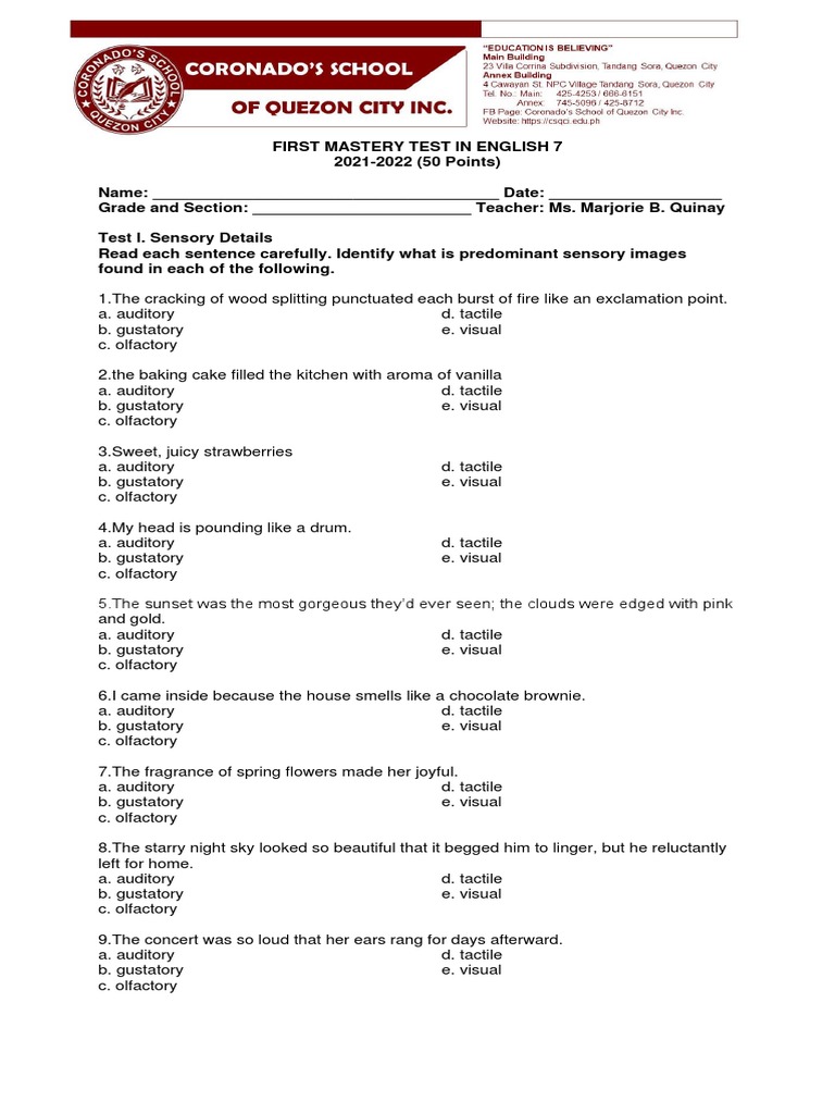 English 7 First Quarter Exam Guide | PDF | Self Esteem | Dolphin