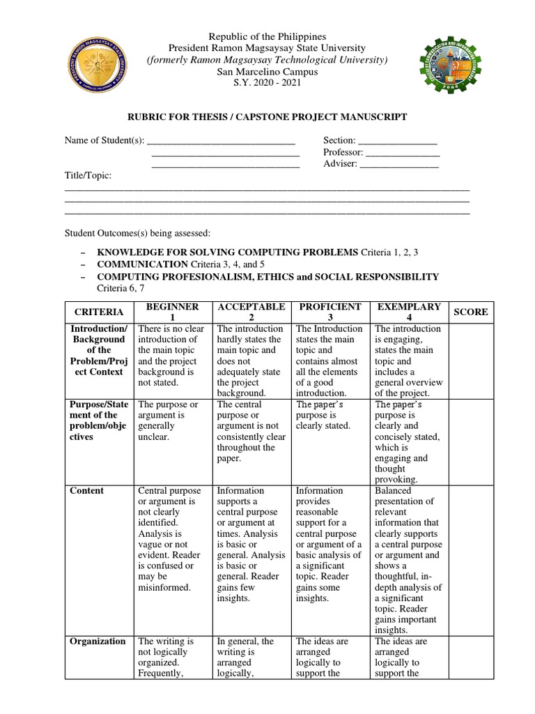 Thesis/Capstone Project Evaluation Rubric | PDF | Academic Publishing ...
