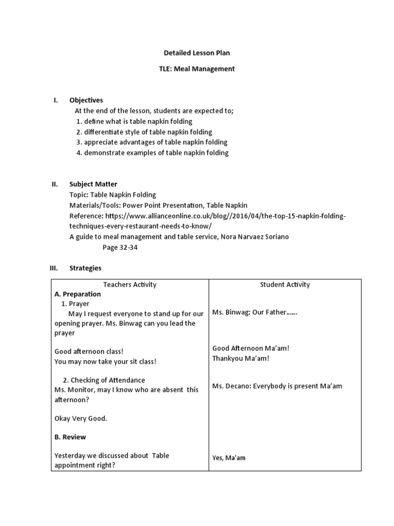 Detailed Lesson Plan TLE: Meal Management: Yes, Ma'am | PDF | Home ...
