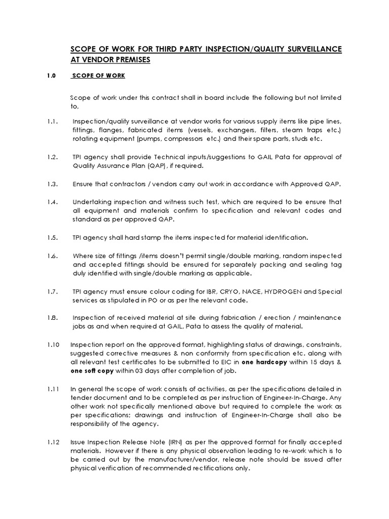 Scope of Work For Third Party Inspection/Quality Surveillance at Vendor ...