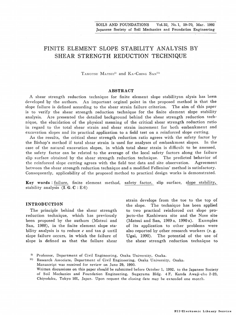 Matsui, Tamotsu Finite Element Slope Stability Analysis by Shear Strength Reduction ...