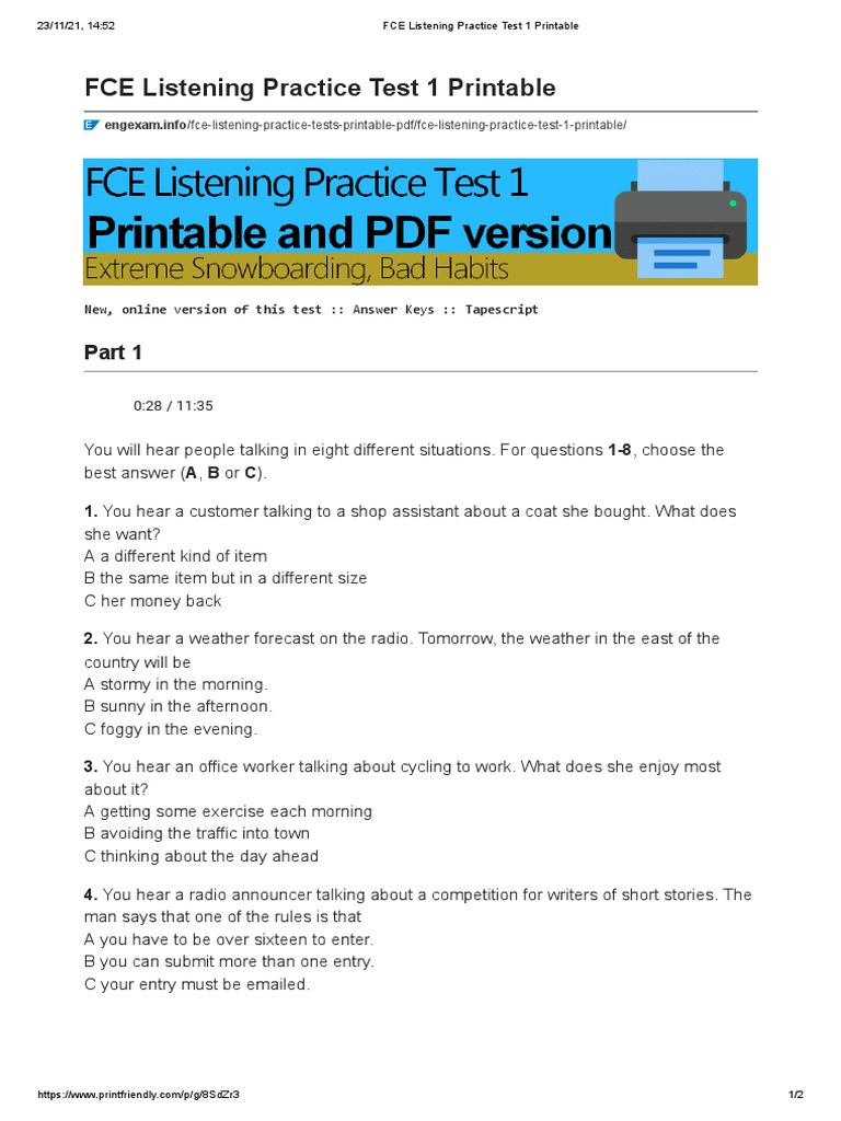 FCE Listening Practice Test 1 Part 1 and 2 | PDF