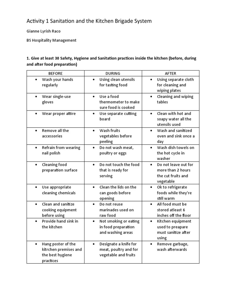 Activity 1 Sanitation and The Kitchen Brigade System | PDF | Chef | Foods