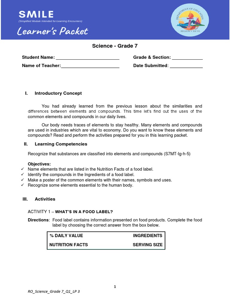 Science - Grade 7: Student Name: Grade & Section: Name of Teacher: Date ...