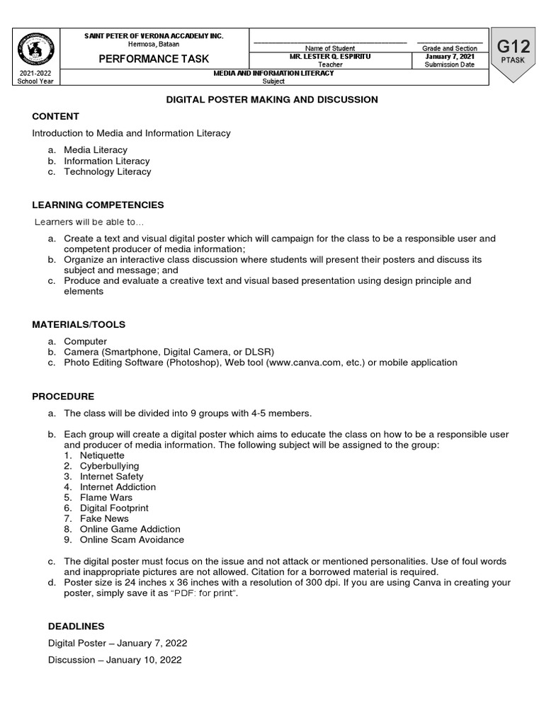 Performance Task: Digital Poster Making and Discussion Content | PDF ...