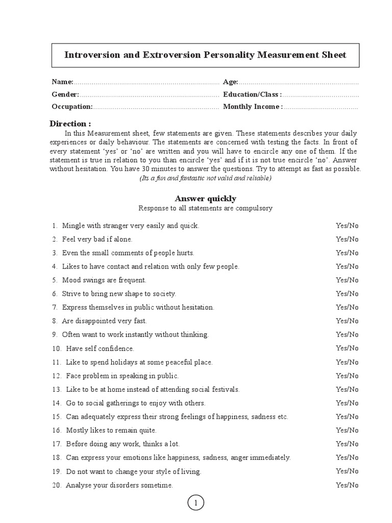 Introversion and Extroversion Personality Measurement Sheet: Direction ...