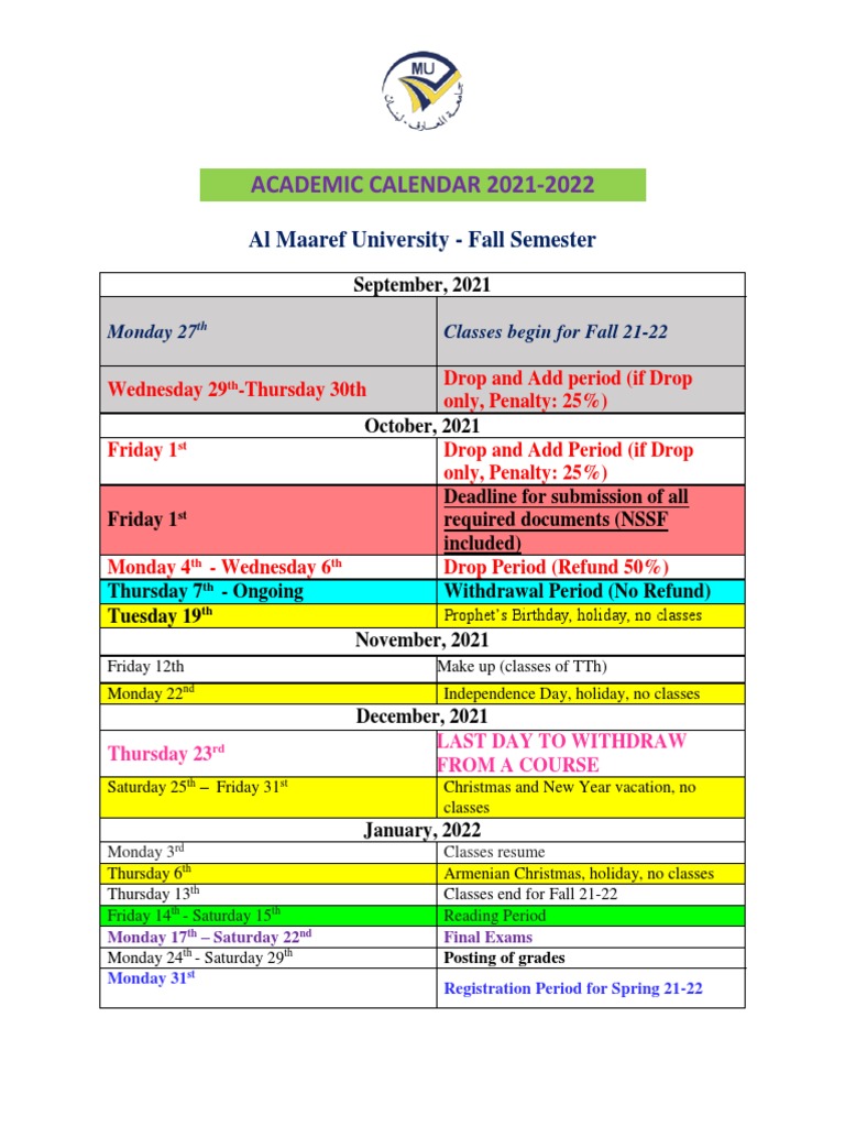 Al Maaref University - Academic Calendar 2021-2022 | PDF | Academic Term