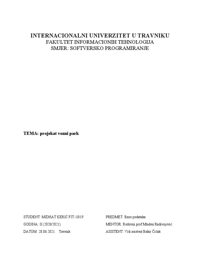 Seminarski Rad - Projekat Vozni Park - 23790 | PDF