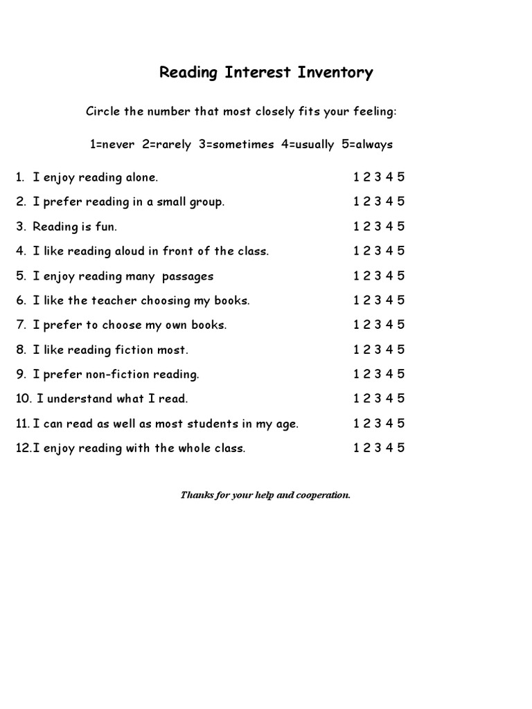 Reading Interest Inventory for Adults | PDF | Communication | Cognitive ...