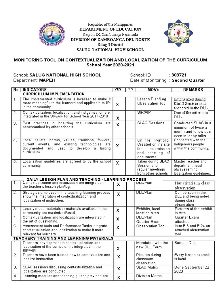 Monitoring Tool On Contextualization and | PDF | Curriculum | Teachers