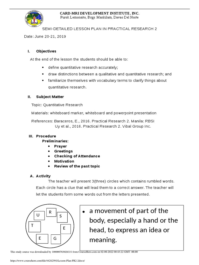 Lesson Plan PR2 2 | PDF | Quantitative Research | Thought