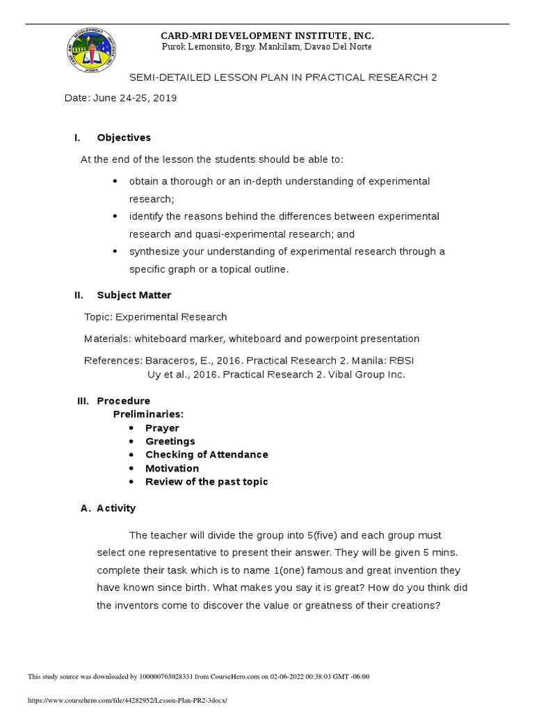 Lesson Plan PR2 3 | PDF | Experiment | Methodology
