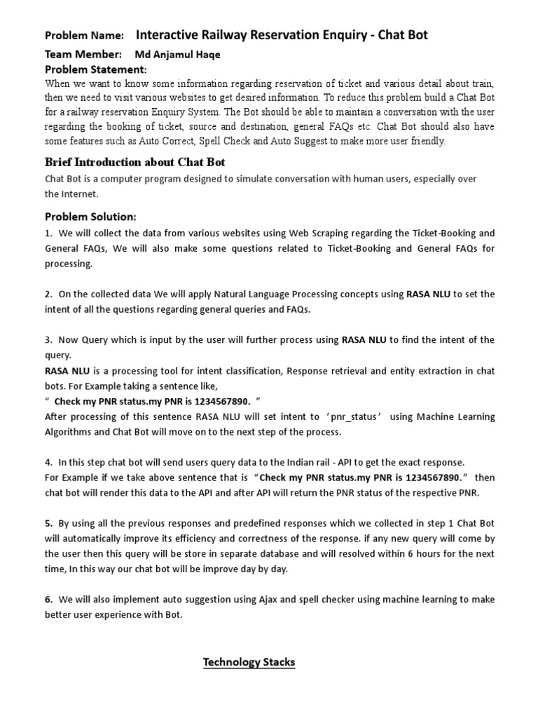 Interactive Railway Reservation Enquiry - Chat Bot: Problem Name: Team ...