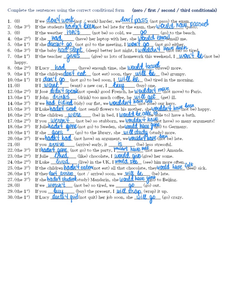 Complete The Sentences Using The Correct Conditional Form (Zero / First / Second / Third ...
