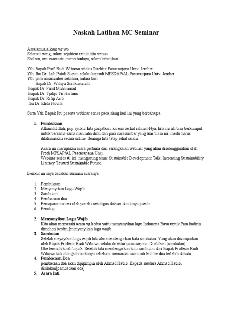 Naskah Latihan MC Seminar Revisi | PDF