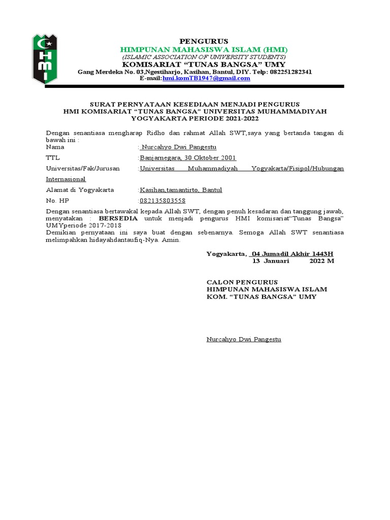 Surat Kesediaan Calon Pengurus Dipang | PDF