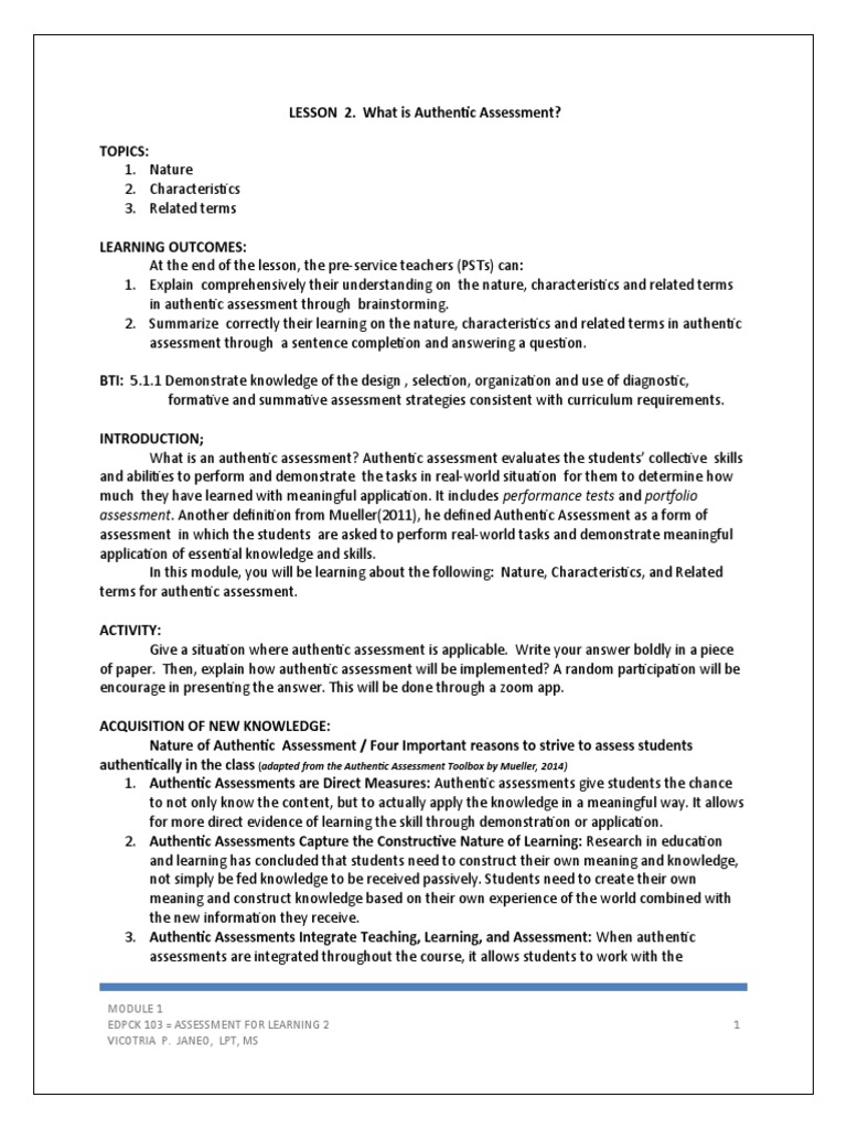LESSON 2 Authentic Assessment | PDF | Educational Assessment | Learning