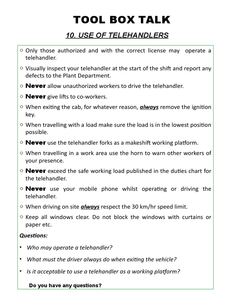 Telehandler Safety Guidelines | PDF