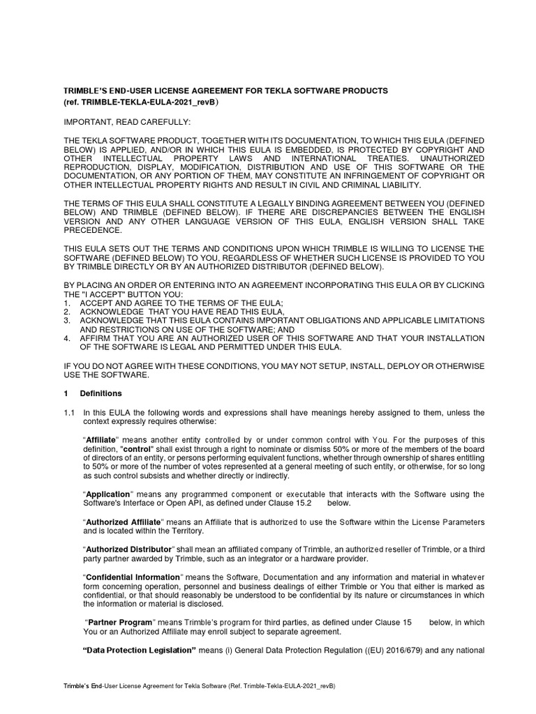 Trimble'S End-User License Agreement For Tekla Software Products (Ref. Trimble-Tekla-Eula-2021 ...