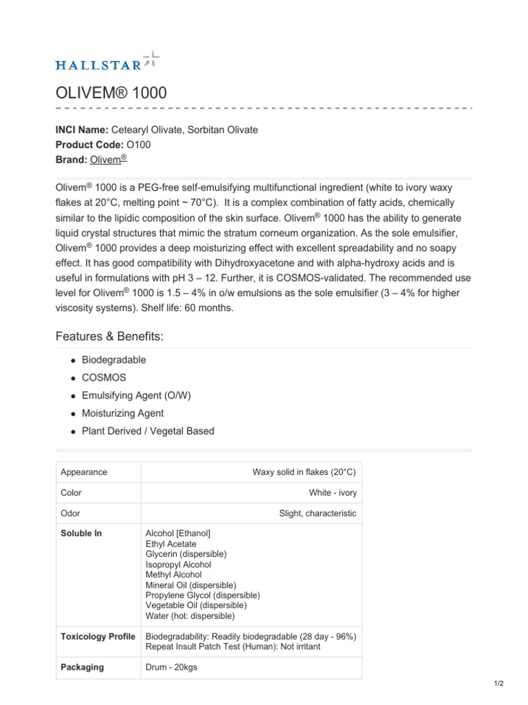 OLIVEM® 1000: INCI Name: Cetearyl Olivate, Sorbitan Olivate Product ...