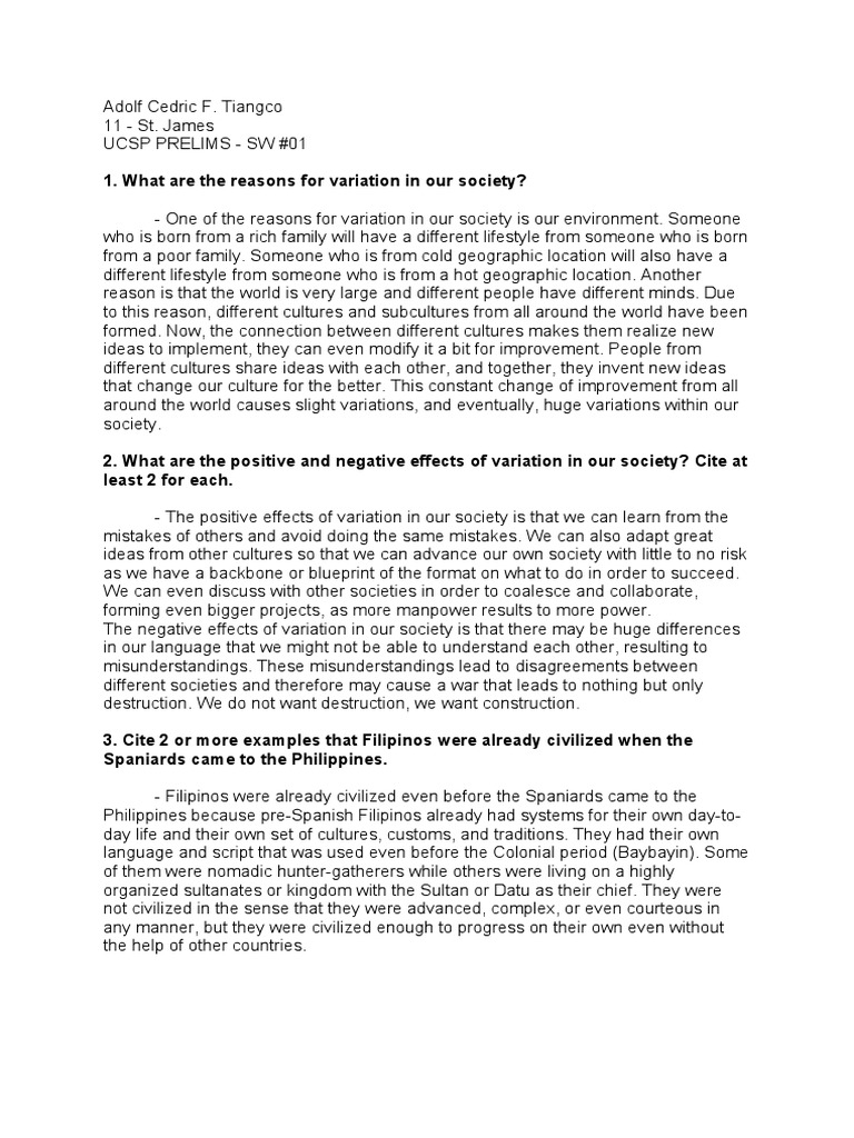 Tiangco - Ucsp Prelims - SW #01 | PDF | Society